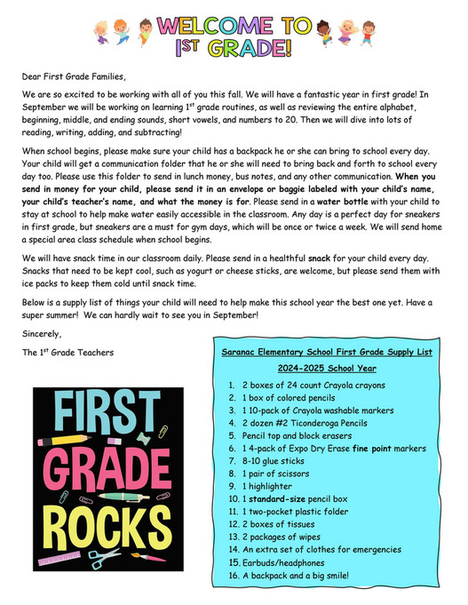 Saranac Central School District - SES- Grade 1- Welcome Letter and ...