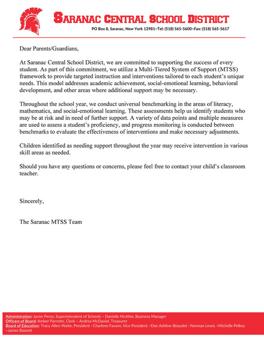 Saranac Central School District - MTSS Parent notification letter - Page 1